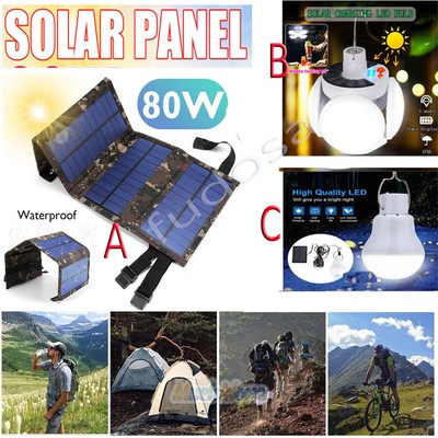 80W USB Solar Panel Kit Folding Power Bank Camping Hiking Phone Charger ...