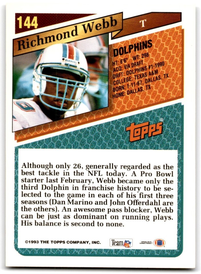 1993 Topps Richmond Webb Miami Dolphins #144 | eBay