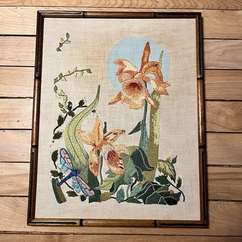 Vintage Floral Crewel Embroidered Framed Picture Flower Iris Dragonfly ...