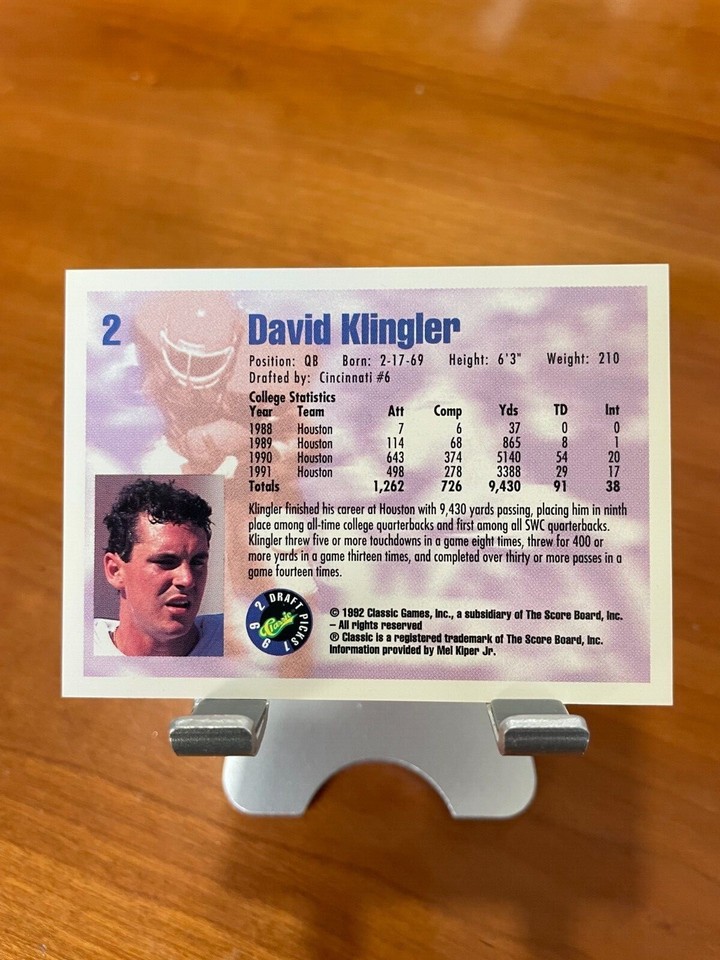 1992 Classic Draft Picks Football David Klinger #2 Houston Near Mint | eBay