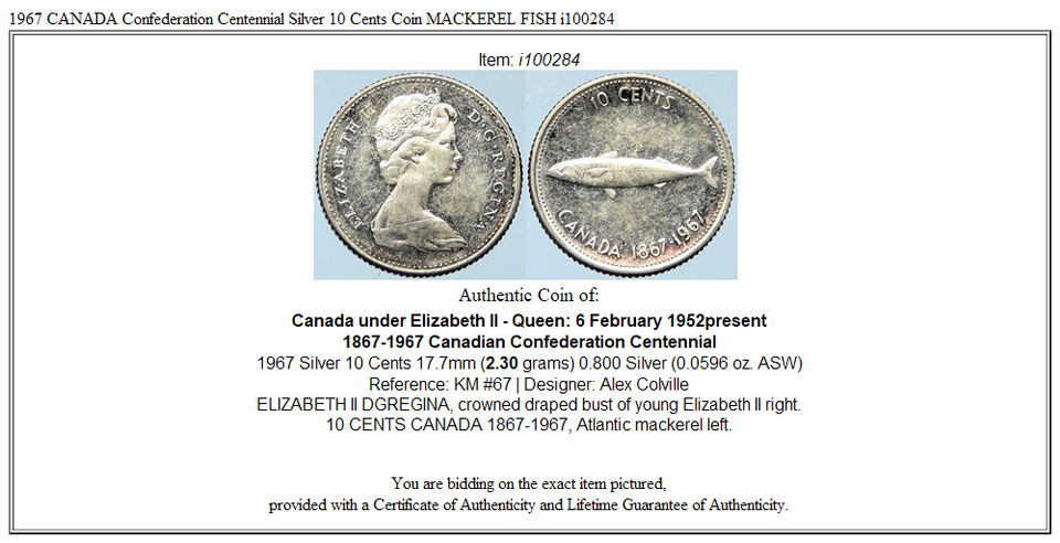1967 CANADA Confederation Centennial Silver 10 Cents Coin MACKEREL FISH ...