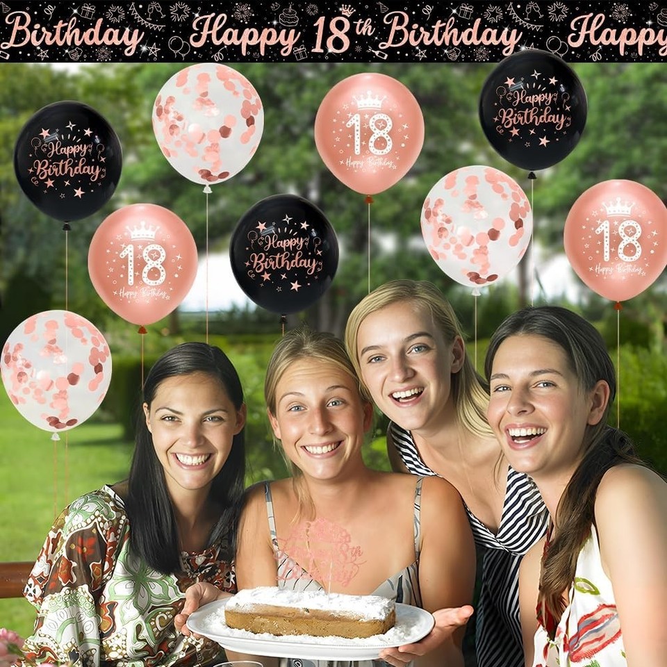 Girls 18th Birthday Decorations Black Rose Gold Banner Bunting 16PC ...