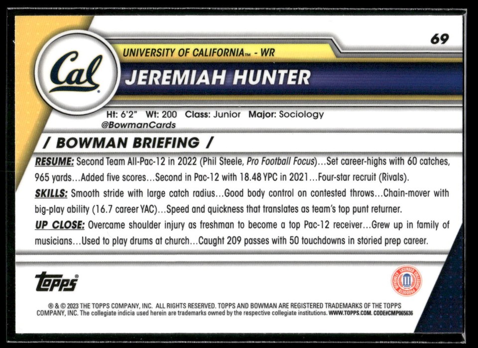 2023 Bowman U Chrome Jeremiah Hunter 1ST BOWMAN California Golden Bears ...