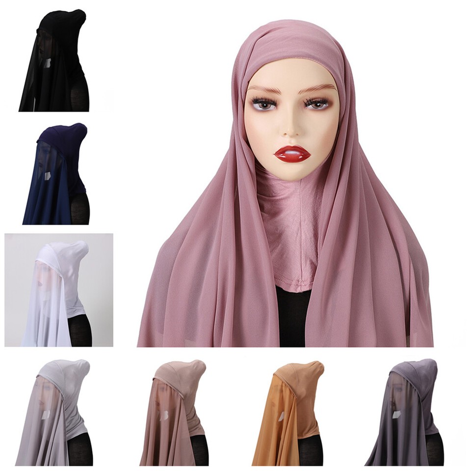 Muslim Chiffon Hijab With Cap Women Veil Headscarves Headwraps Cap Soft ...