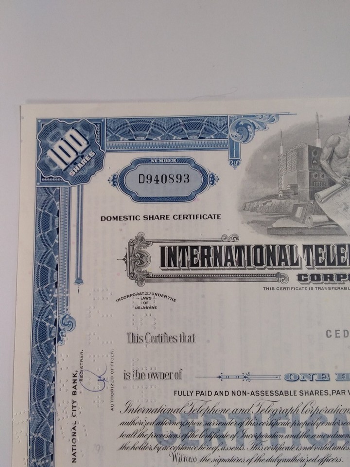 ITT Stock Certificate Vtg 1970 Nude Scientist White Plains NY Stamford ...