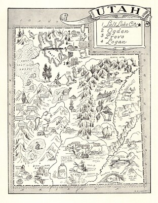 1950s Vintage Utah State Map Animated Utah Picture Map Wall Decor BW ...