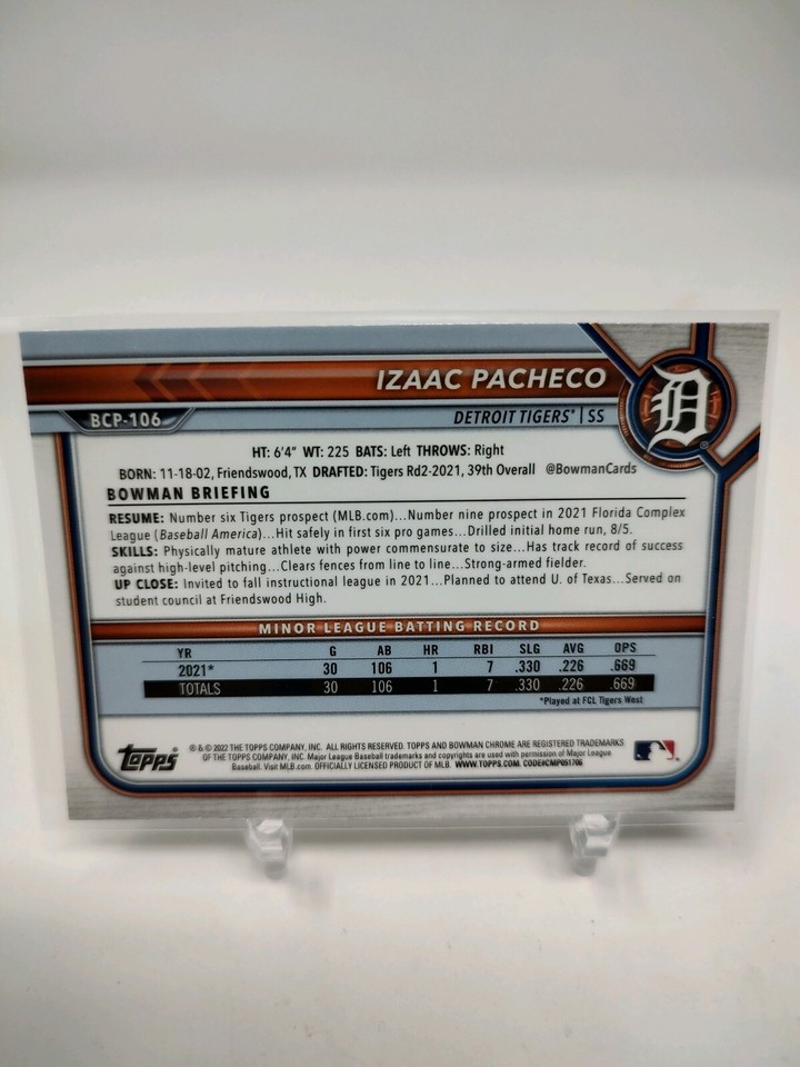 2022 Bowman Chrome Baseball Izaac Pacheco #BCP-106 Detroit Tigers BUF ...