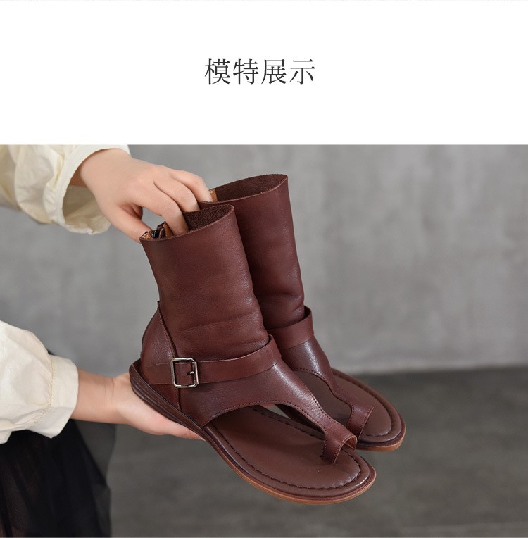 Women Round Toes Flat Boots Belt Buckle Leather Short Boots Summer ...