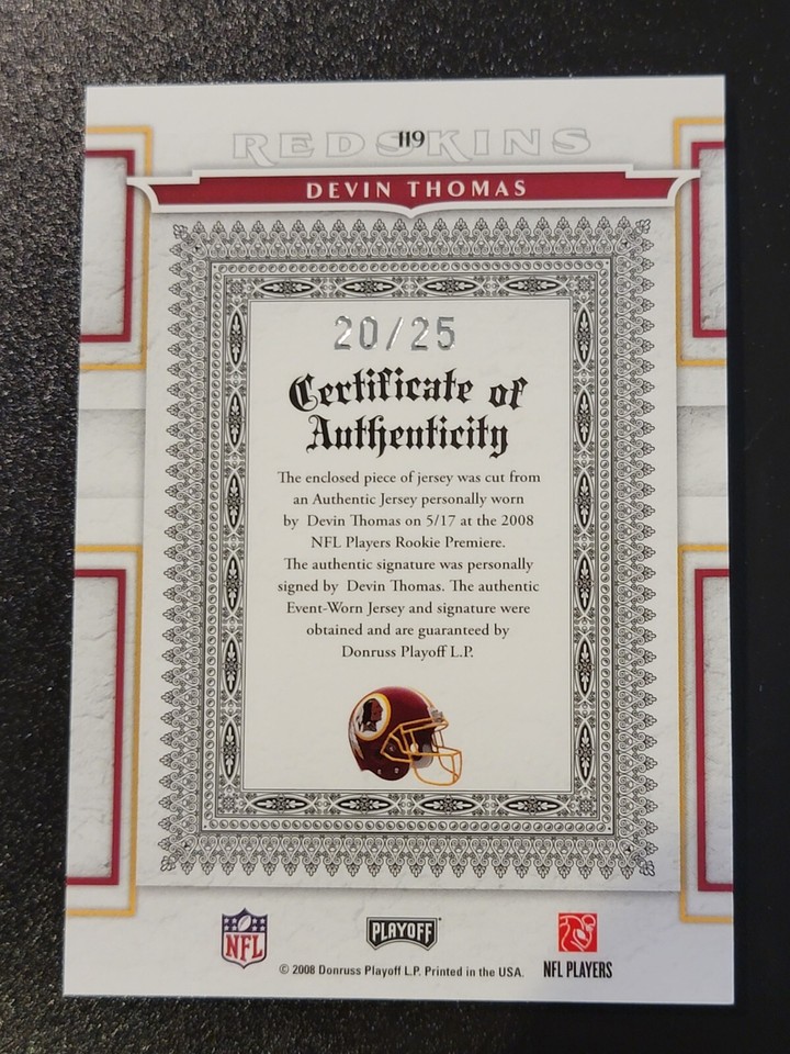 Devin Thomas 2008 NATIONAL TREASURES REDSKINS PATCH Rookie Auto 20/25 ...