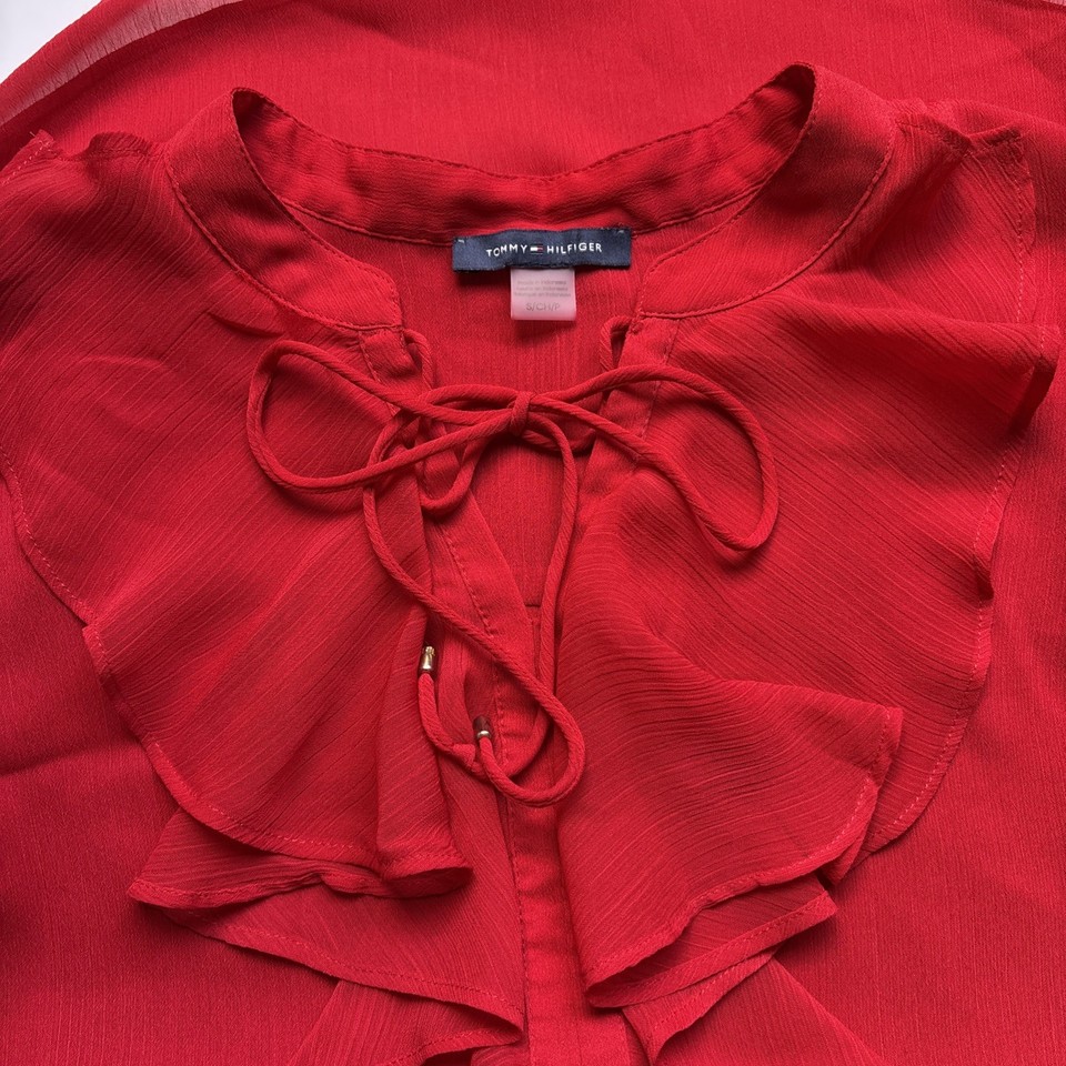 Tommy Hilfiger Women's S Red Sleeveless Ruffle Blouse Tie Front ...