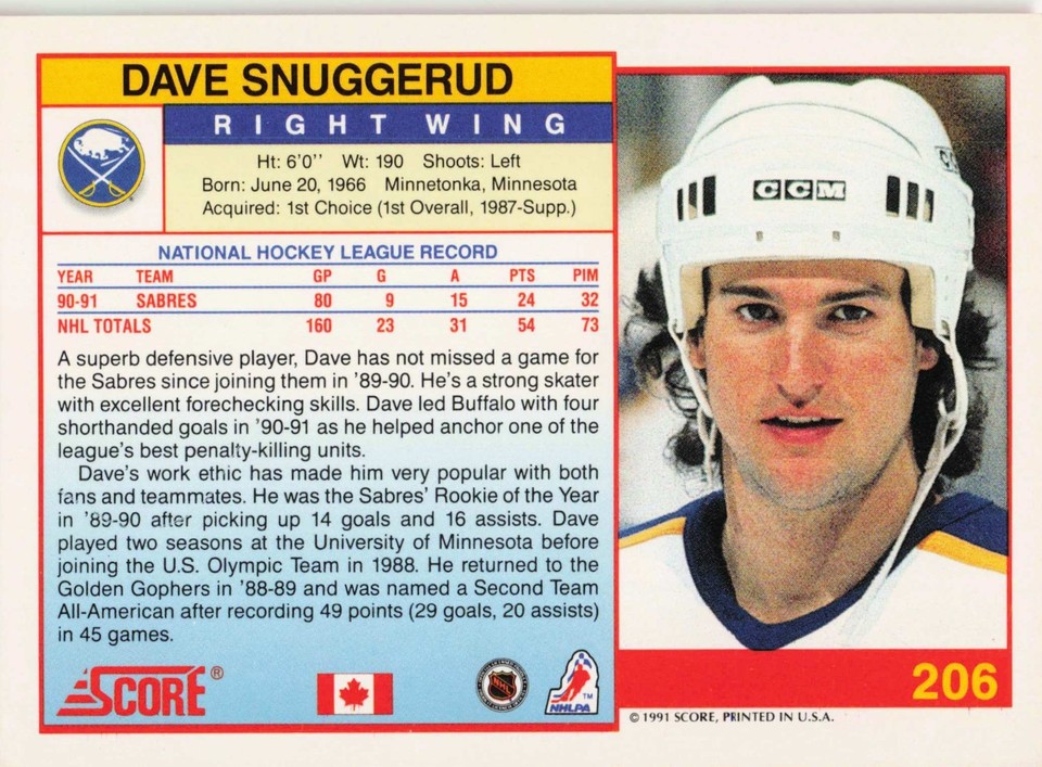 1991-92 Score Hockey Card Canadian Dave Snuggerud Buffalo Sabres #206 ...