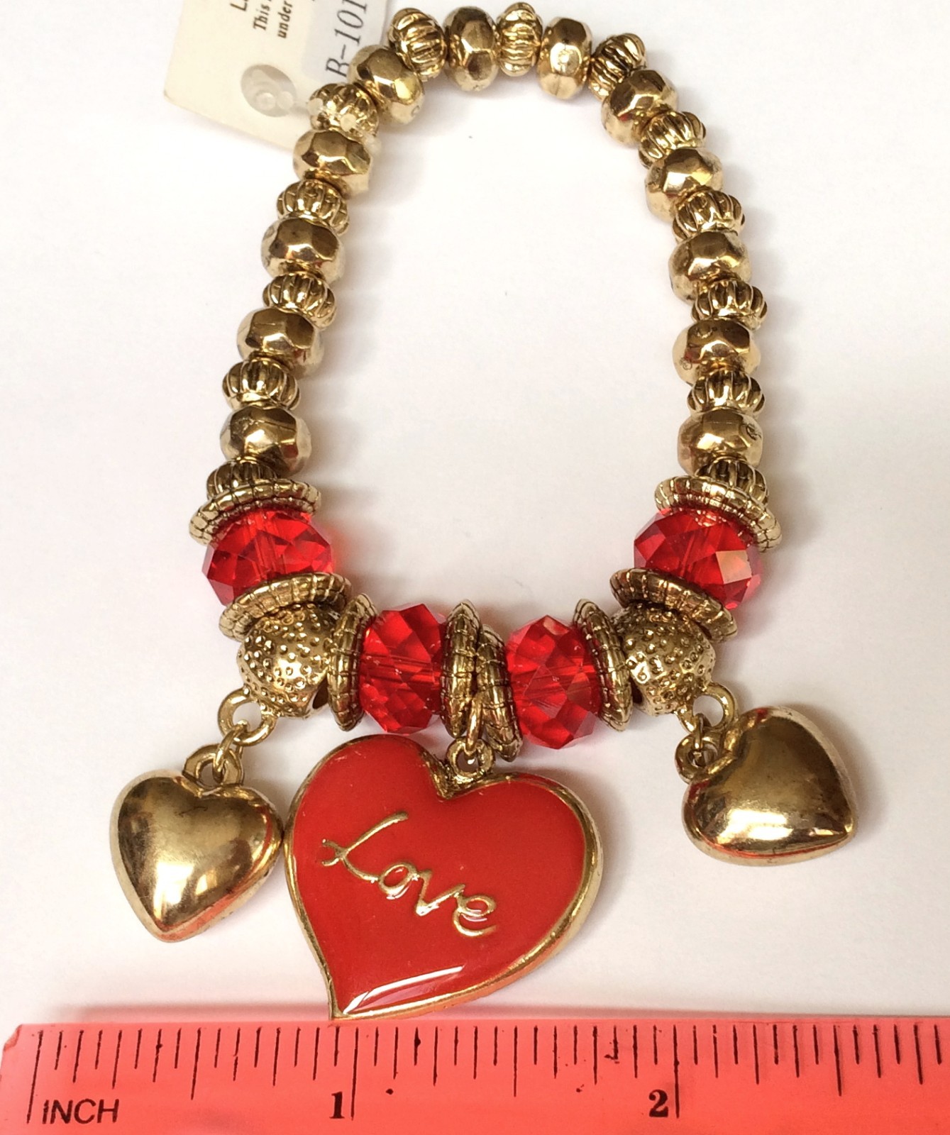 Gold Heart LOVE Charm Bracelet Red Enamel Adjustable Stretch Plated USA ...