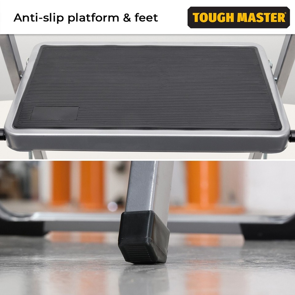 3 Step Ladder Heavy-Duty Steel, Non-Slip Rubber Steps, Foldable TOUGH ...