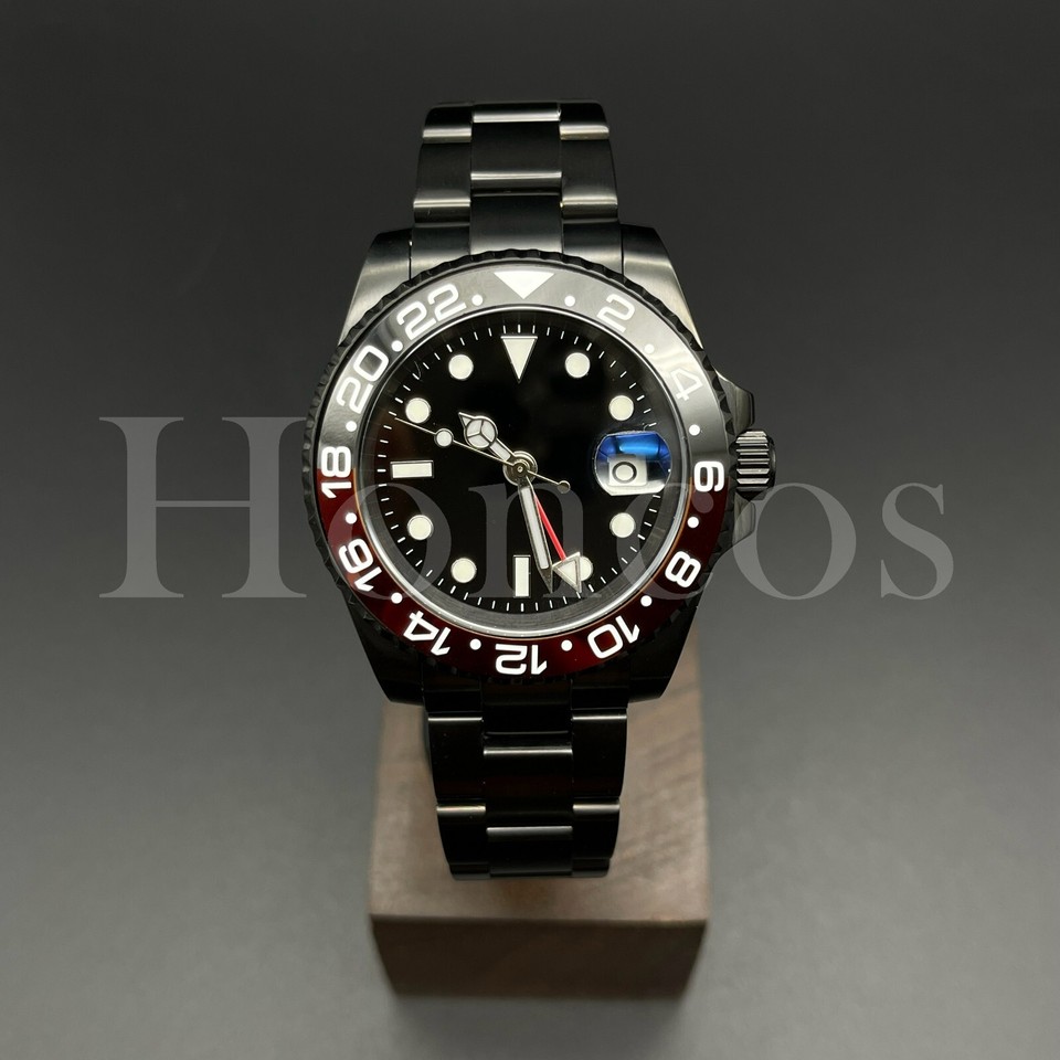 Custom Made GMT Style Watch Automatic Movement Black Dial Black Red ...