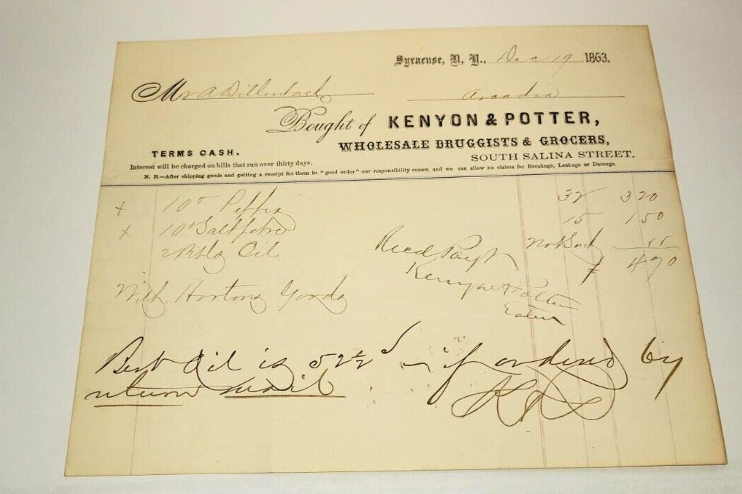 ~Civil War Era Kenyon & Potter Grocers invoice~1863~Original~Authentic ...