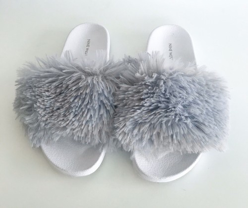 Nine West Ladies XL 12” Faux Fur Funky Slippers Winter Shoes Grey White ...