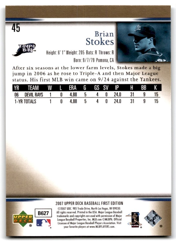 2007 Upper Deck First Edition Brian Stokes Baseball Cards #45 | eBay