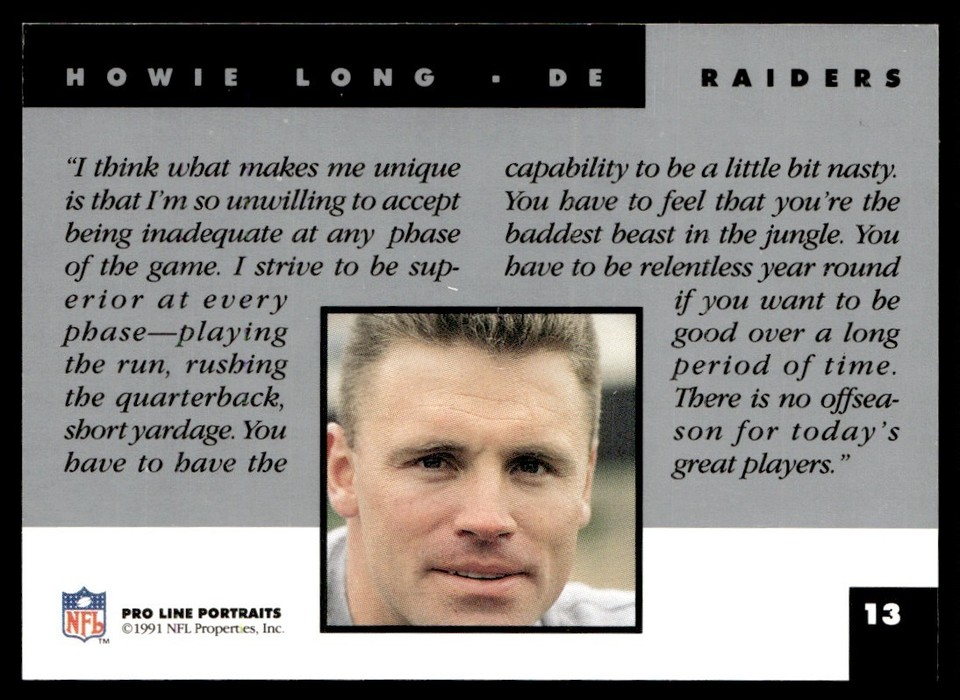 1991 Pro Line Portraits Howie Long Los Angeles Raiders #13 | eBay