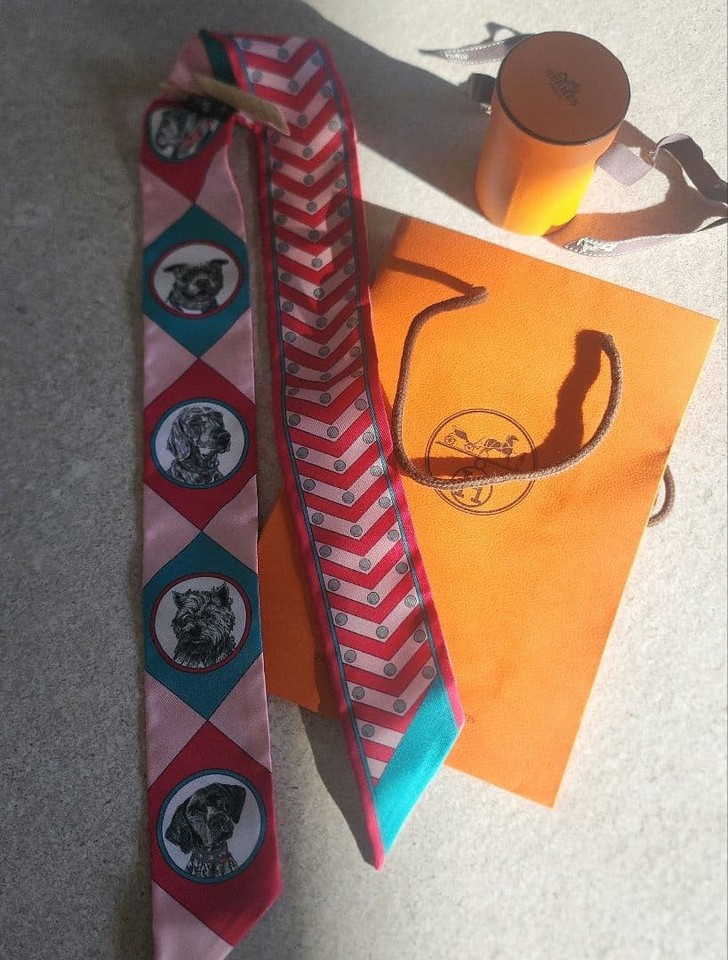 HERMES Twilly Silk Scarf Dog Motif Mint with Box | eBay UK
