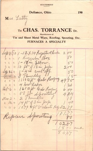 Chas Torrance Defiance OH 1900s Billhead Roofing Spouting Furnaces | eBay