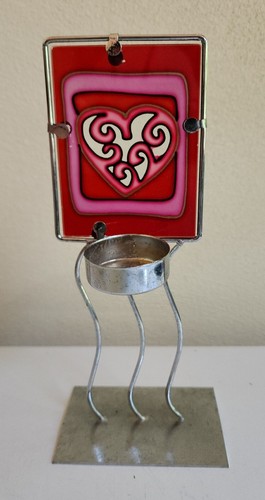 VTG Tealight Candle Holder Stain Glass Heart Stand 9" Tall Valentine ...