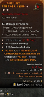 Diablo 4 S10 Season 10 Focus 3GA 182 Intelligence 24 max Resource 13.2% ...