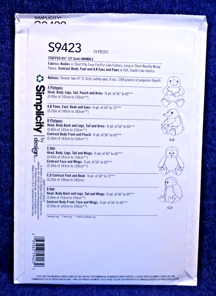 Simplicity Craft Pattern 9423 8.5" Soft Stuffed Animal Platypus Owl ...