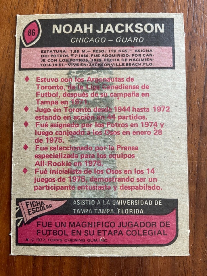 1977 Topps MEXICAN #86 Noah Jackson of the Chicago BEARS / Osos | eBay