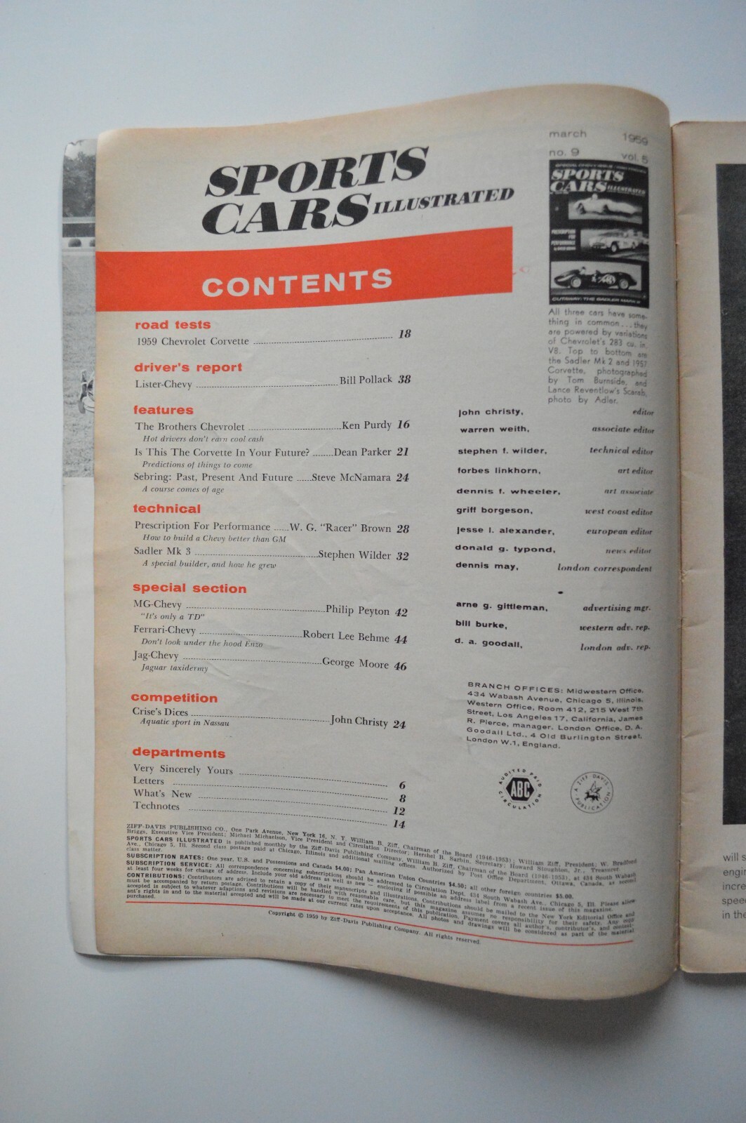 SPORTS CARS Illustrated March 1959 Chevy Sadler Mk3 Corvette Lister ...