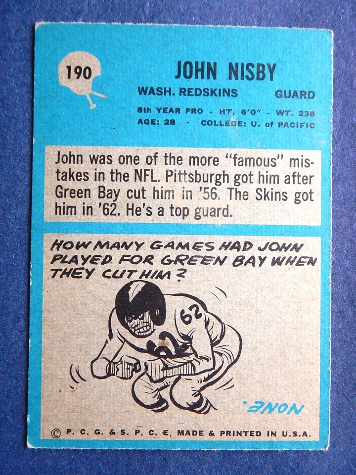 John Nisby #190 Philadelphia 1964 Football Card (Washington Redskins ...