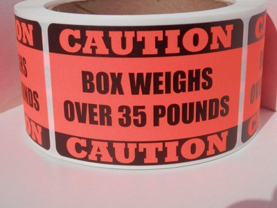 CAUTION BOX WEIGHS OVER 35 POUNDS 2x3 sticker label red fluorescent ...
