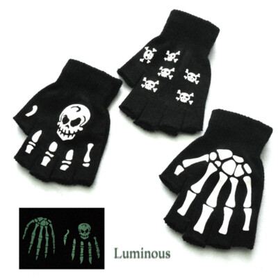 Skeleton Skull Half Finger Gloves Luminous Halloween Knitted Womens ...