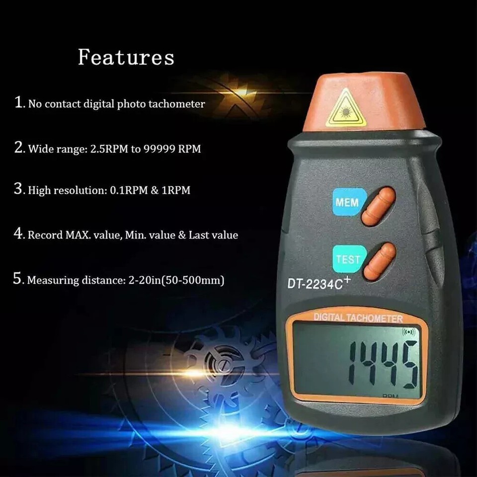 Digital Tachometer Laser Photo Non Contact RPM Tach Meter Motor Speed ...