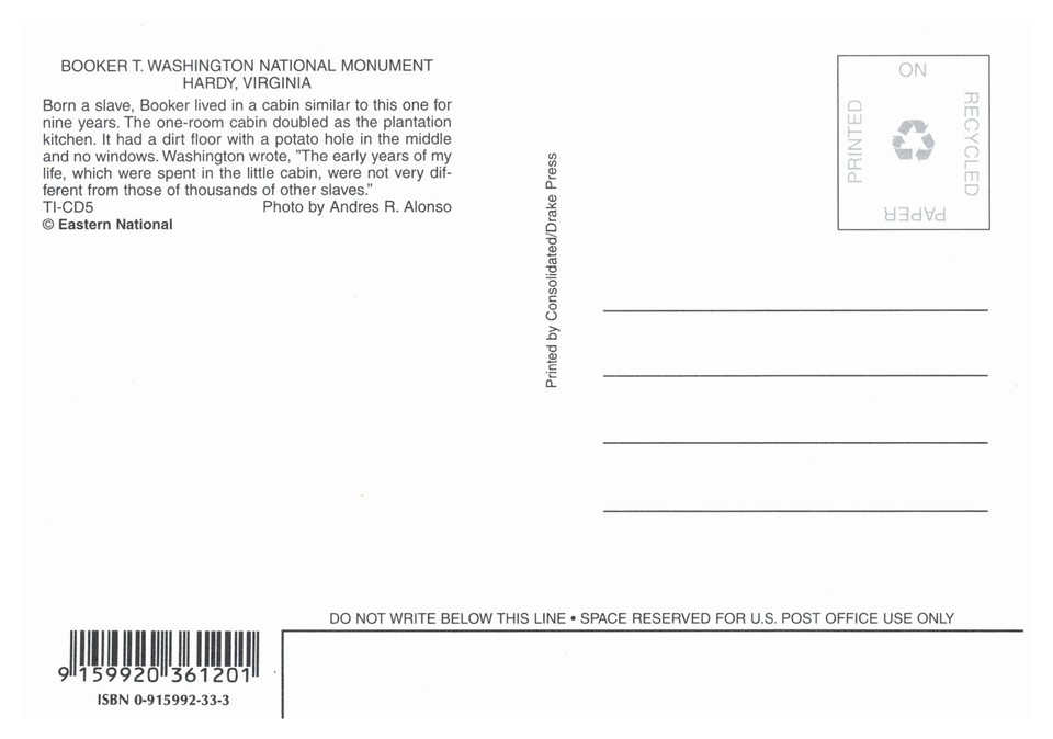 Hardy Virginia Booker T Washington National Monument Chrome UNP ...