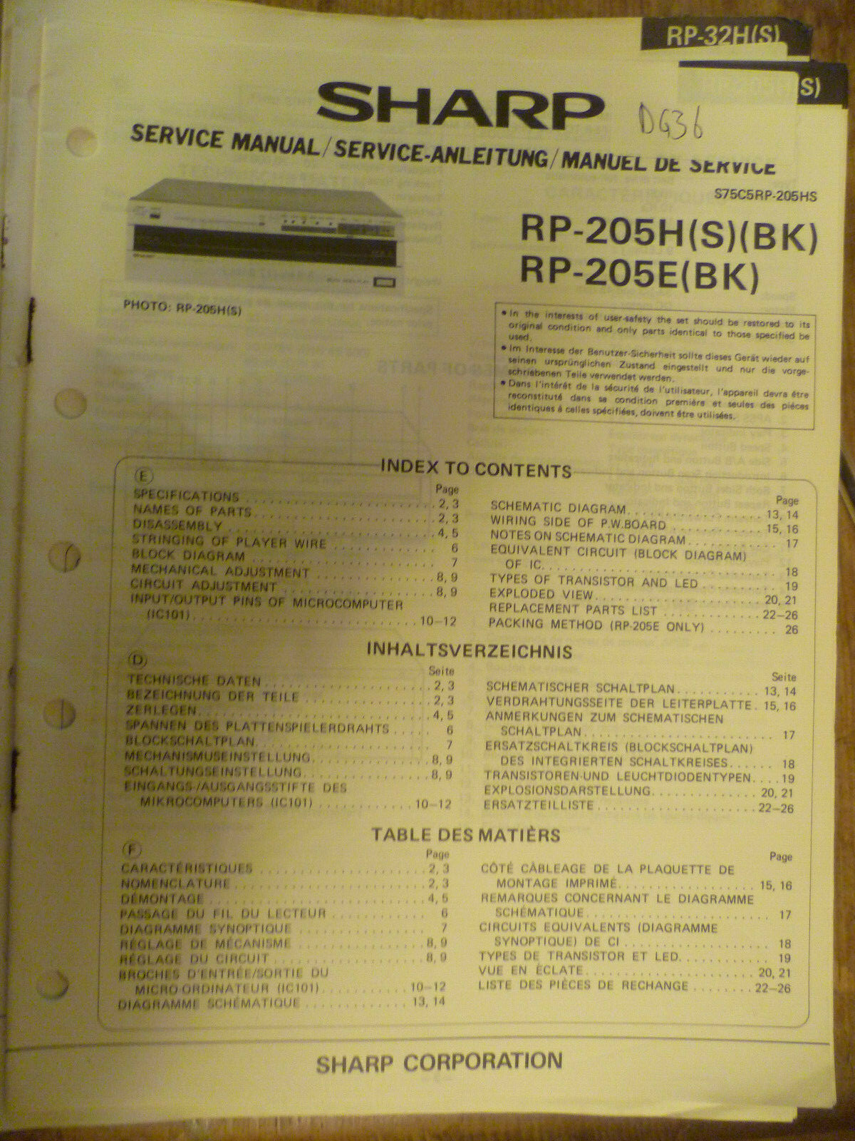 Sharp RP-205H RP-205E Stereo Turntable Original Service Manual | eBay