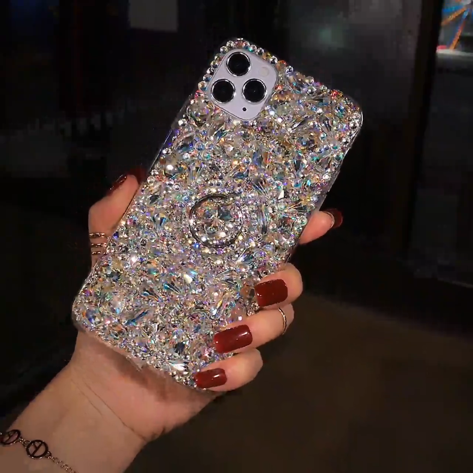 For iPhone 16 15 14 12 13 Pro Max Bling Rhinestone Phone Case with Ring ...