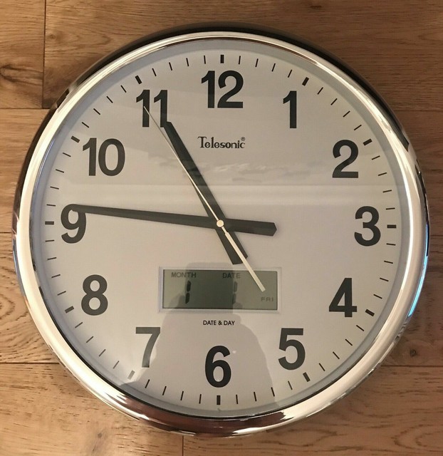 Telesonic Lcd-332ch 14" LCD Day Date Round Wall Clock Silver Chrome ...