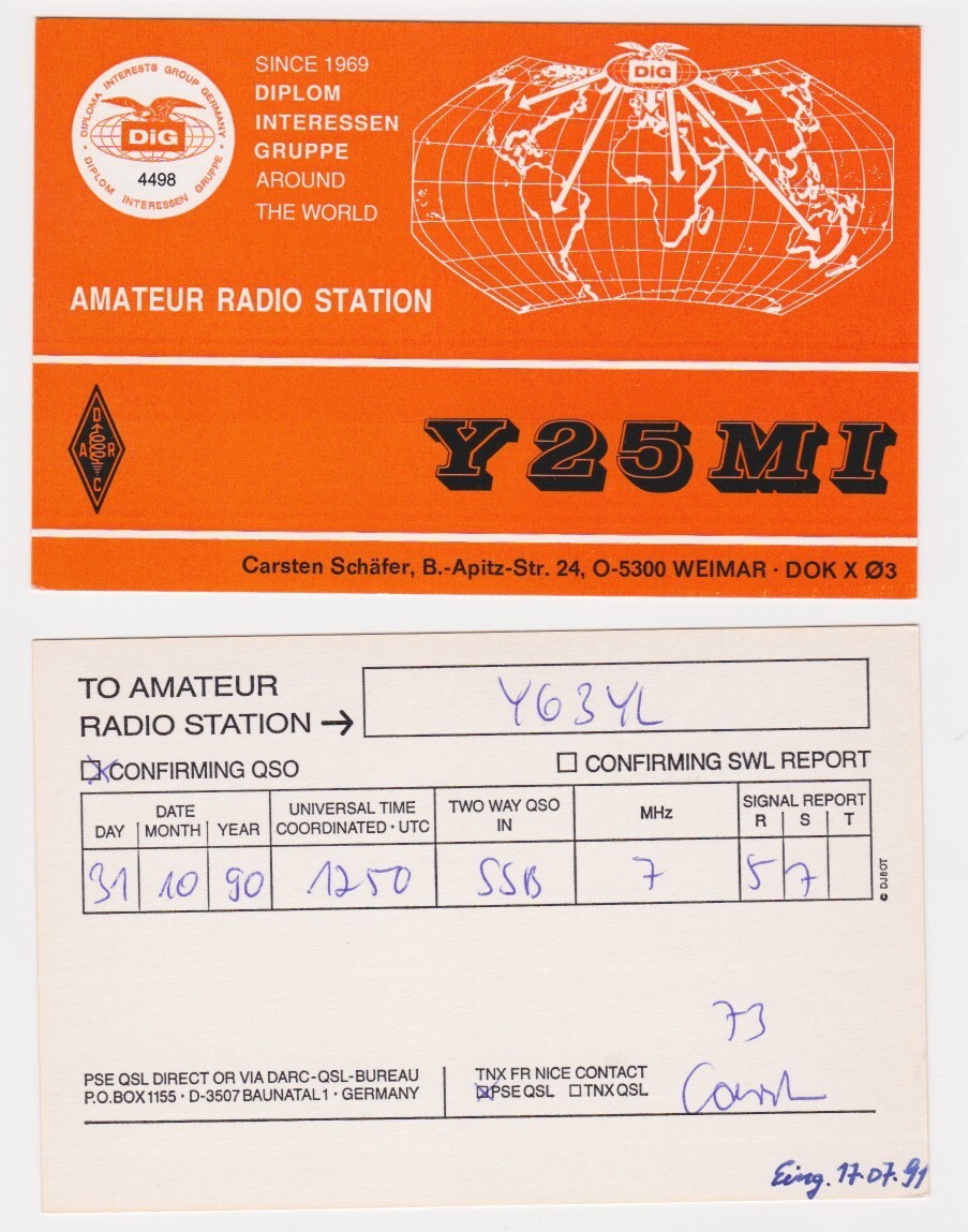 901545 QSL Karte Amateur Funker DDR Weimar mit Weltkarte 1990 | eBay