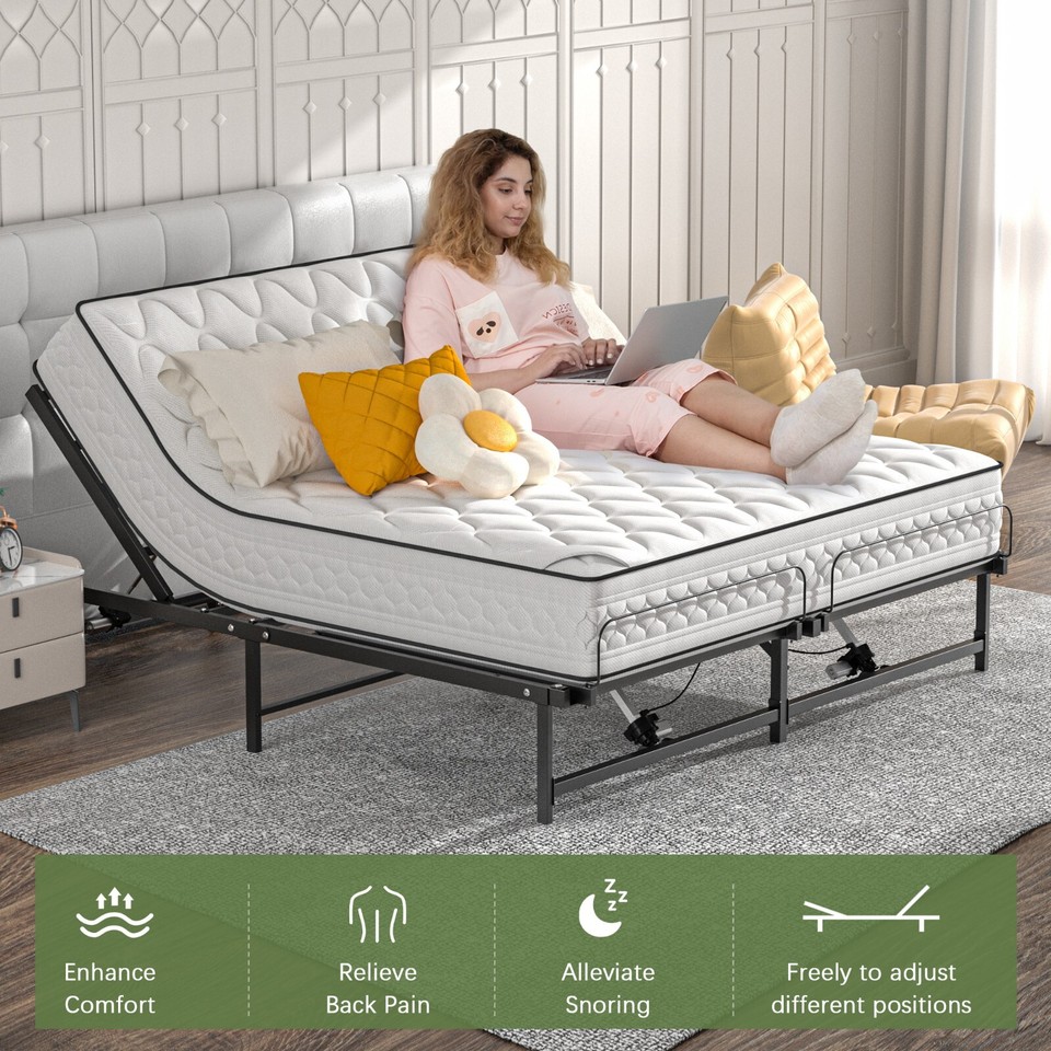 Electric Adjustable Bed Frame Head & Foot Incline Bed Base Wired Remote ...