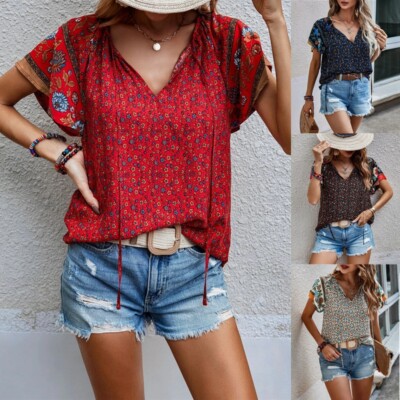 Womens Short Sleeve PRINT Gypsy Tops T-Shirt Summer Tee Casual Blouse ...
