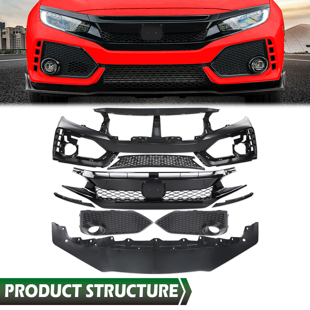 Type-R Style Front Bumper Cover+Lip+Grille Full Kit Fit For 16-21 Honda ...