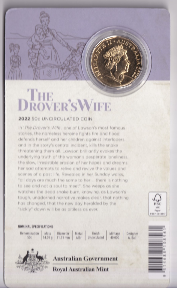 AUSTRALIAN: 2022 50 CENT HENRY LAWSON THE DROVERS WIFE UNC COIN ON CARD ...