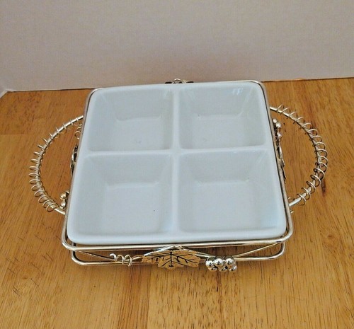 Ceramic Serving Dish/ Condiments with Silver Metal Rack. . 4 Sections ...