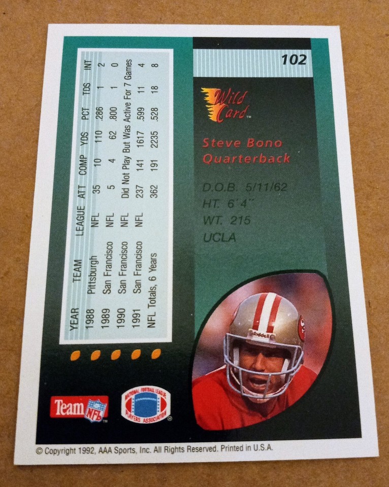 1992 Wild Card Football Card #102 STEVE BONO RC. 100 Stripe. | eBay