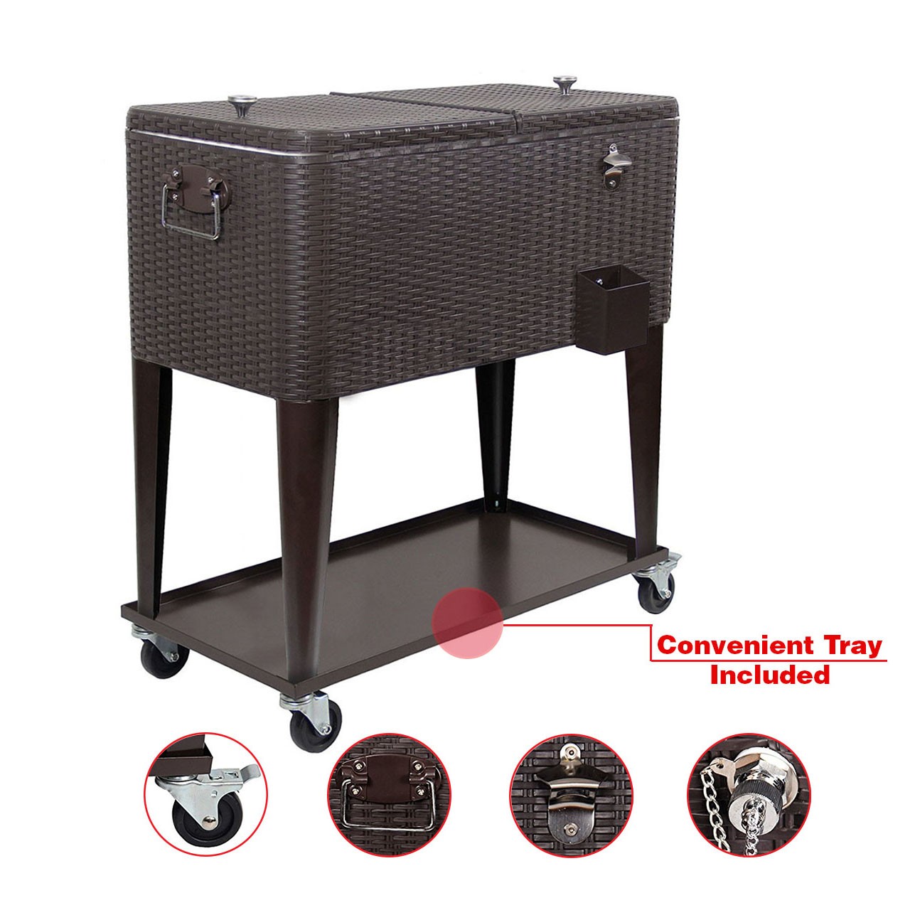 Outdoor Patio Rolling Cooler Cart 80 Qt Wicker Ice Chest Beverage Brown ...