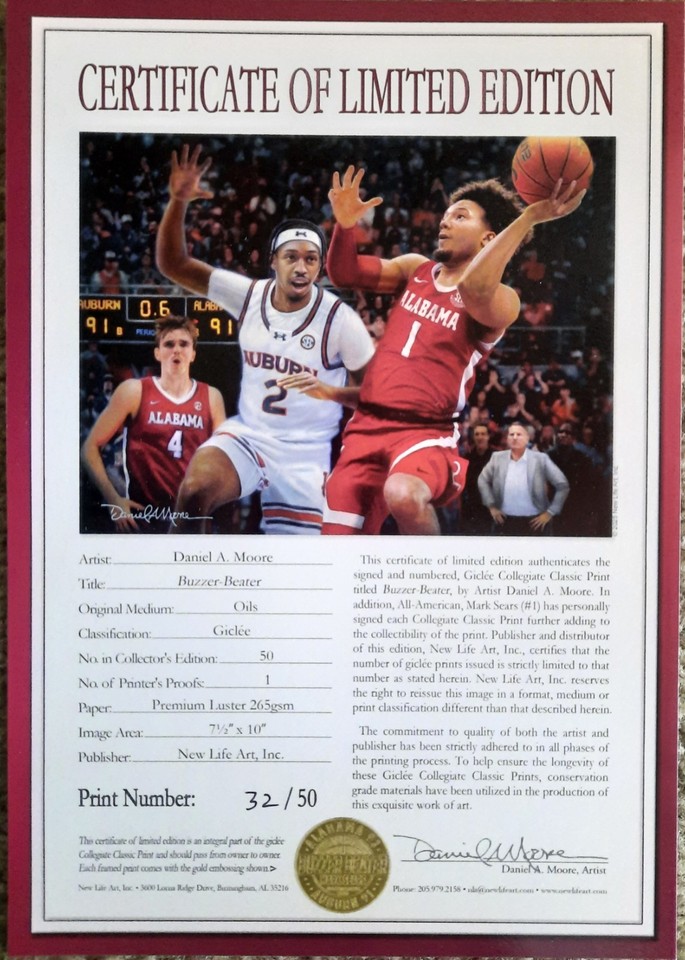 ALABAMA basketball Buzzer Beater signed Mark Sears framed print 32/50 ...