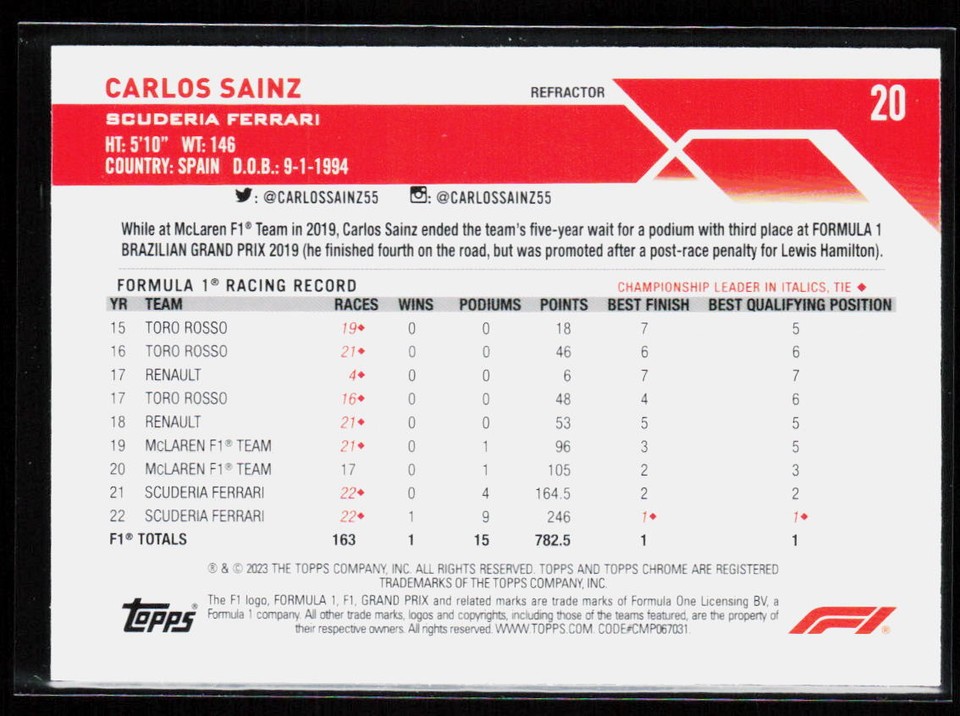 2023 Topps Chrome Formula 1 F1 #20 Carlos Sainz Refractor Scuderia ...
