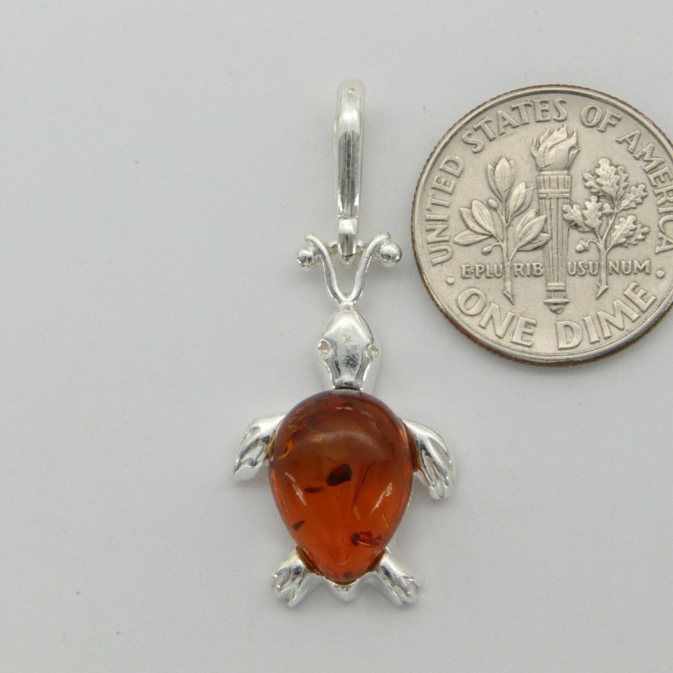 Cognac/ Brown BALTIC AMBER Turtle Tortoise Pendant STERLING SILVER ...