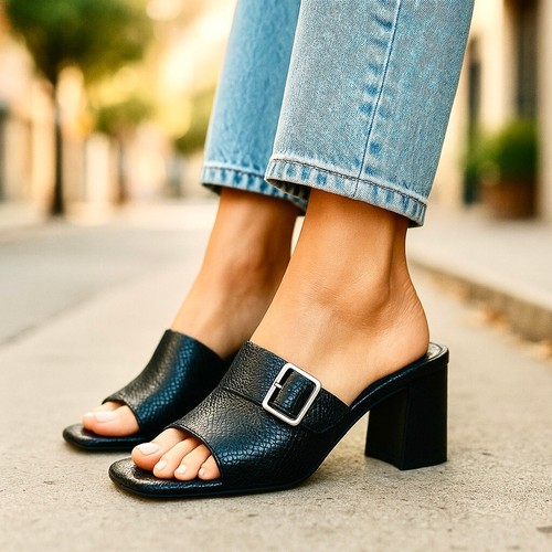 DKNY Vintage Sandal Slide Black Leather Snakeskin Print Chunky Heel ...