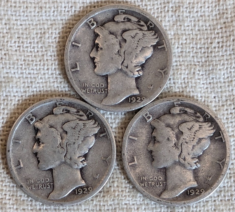 Lot Of 3 Mercury Dimes 1929 PDS : 1929P, 1929D, 1929S, VG - .9 Fine ...